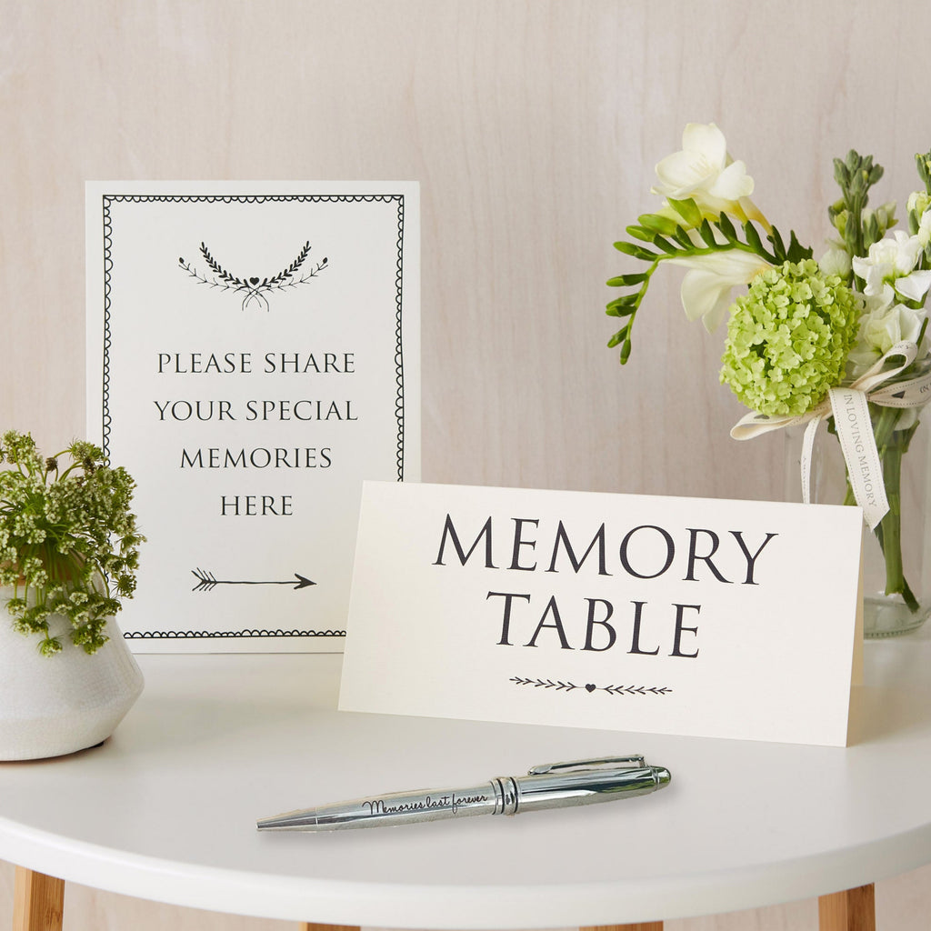 Set of 2 Ivory Funeral Memory Table Signs & 'Memories' Pen – Angel & Dove