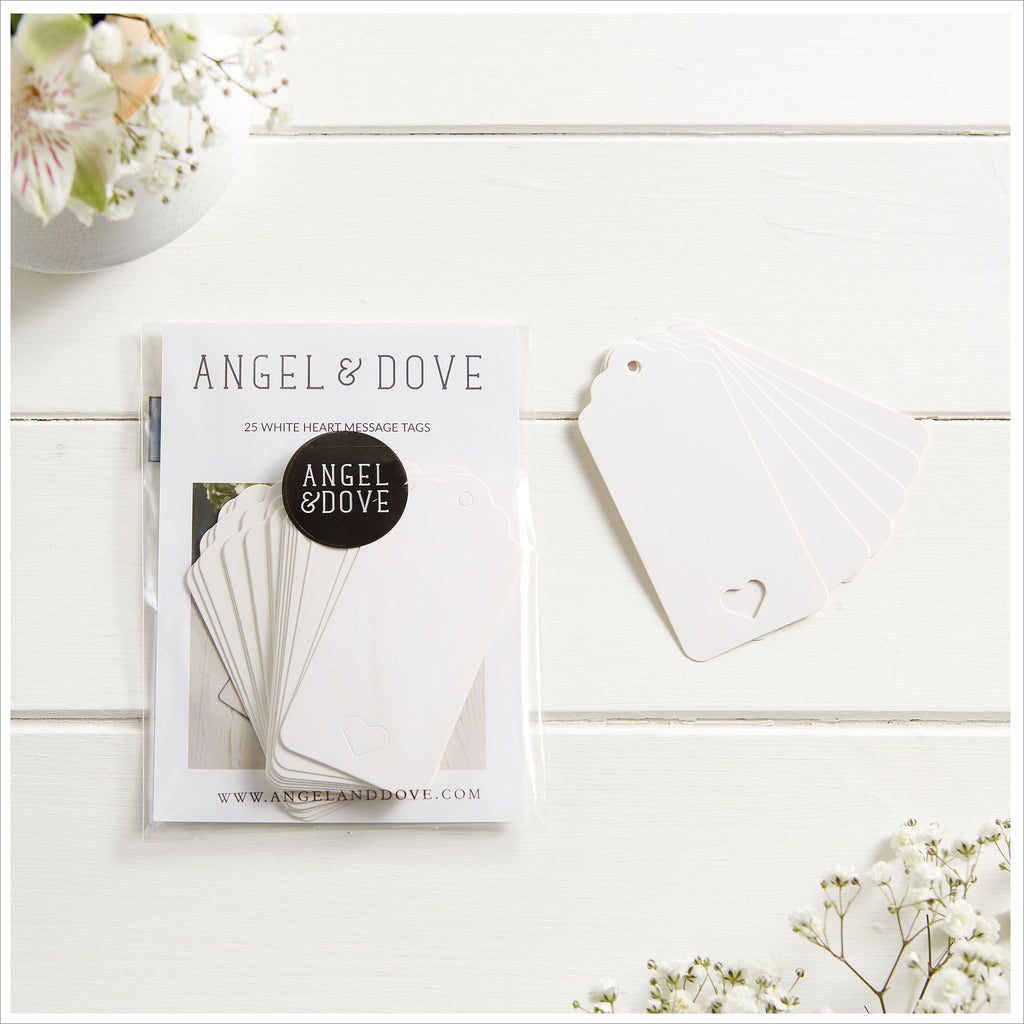 25 White Heart Card Balloon Message Tags – Angel & Dove
